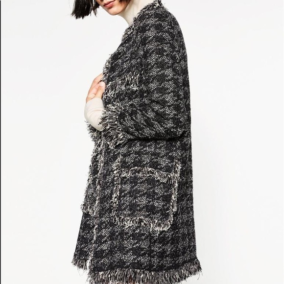 Zara | Jackets & Coats | Zara Houndstooth Tweed Fringe Frayed Jacket ...